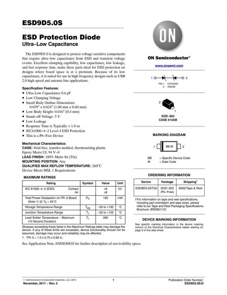 ESD9D5.0ST5G datasheet page 1