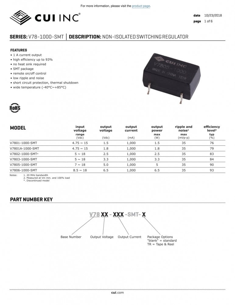 CUI V7801-1000-SMT-TR datasheet page 1