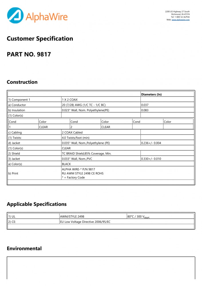 Alpha Wire 9817 specification page 1