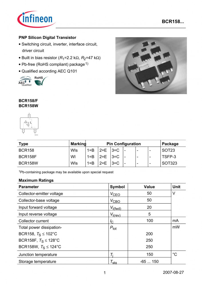 BCR158WE6327 datasheet page 1