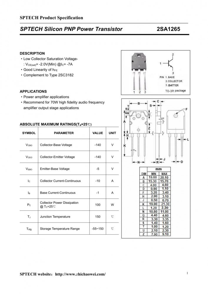 2SA1265 datasheet page 1