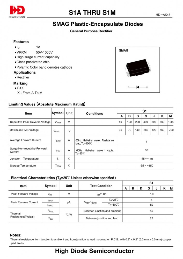 High Diode S1G datasheet page 1