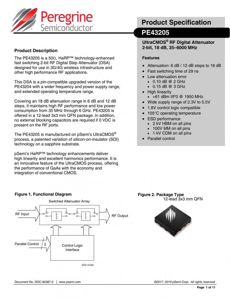 PE43205B-Z technical document page 1