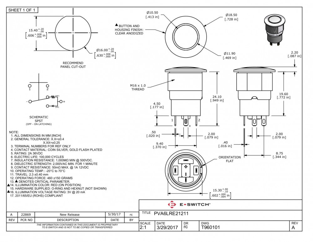 E-Switch PVA6LRE21211 technical drawing