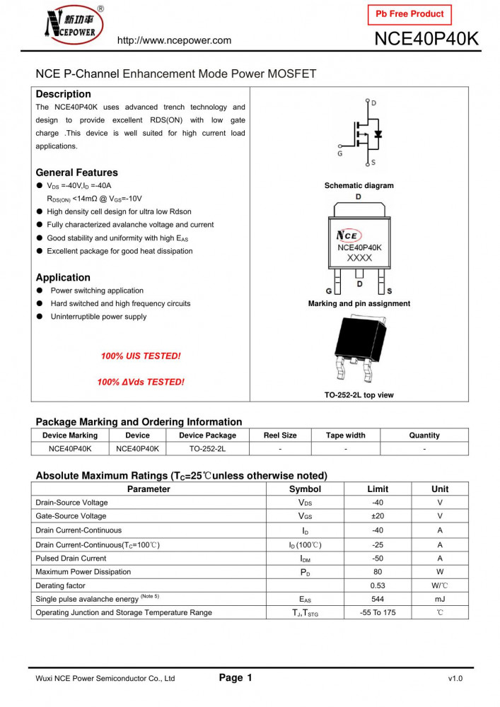 NCE40P40K datasheet page 1