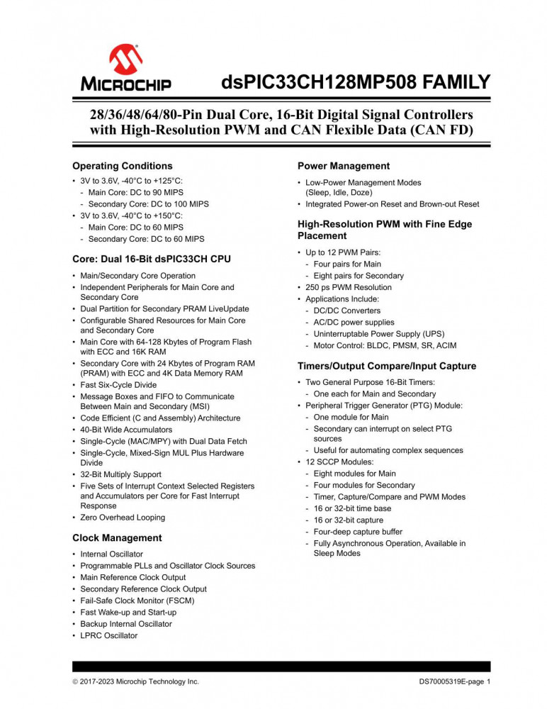 dsPIC33CH64MP505 datasheet page 1