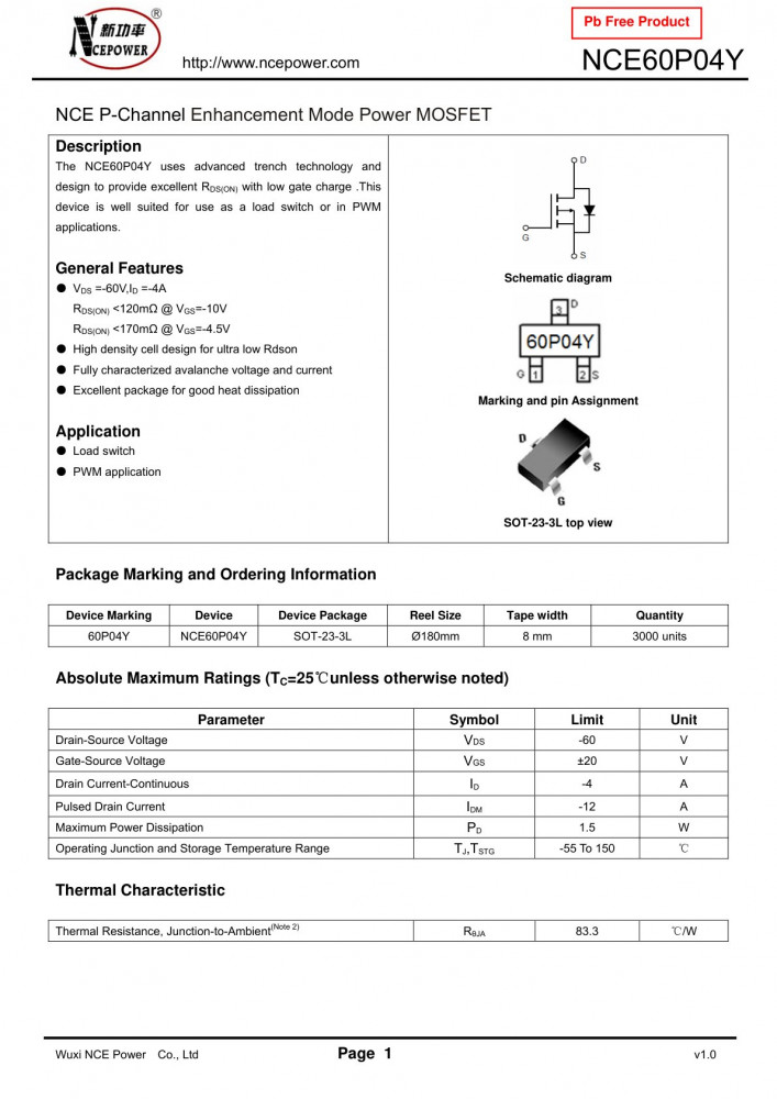 NCE60P04Y datasheet page 1