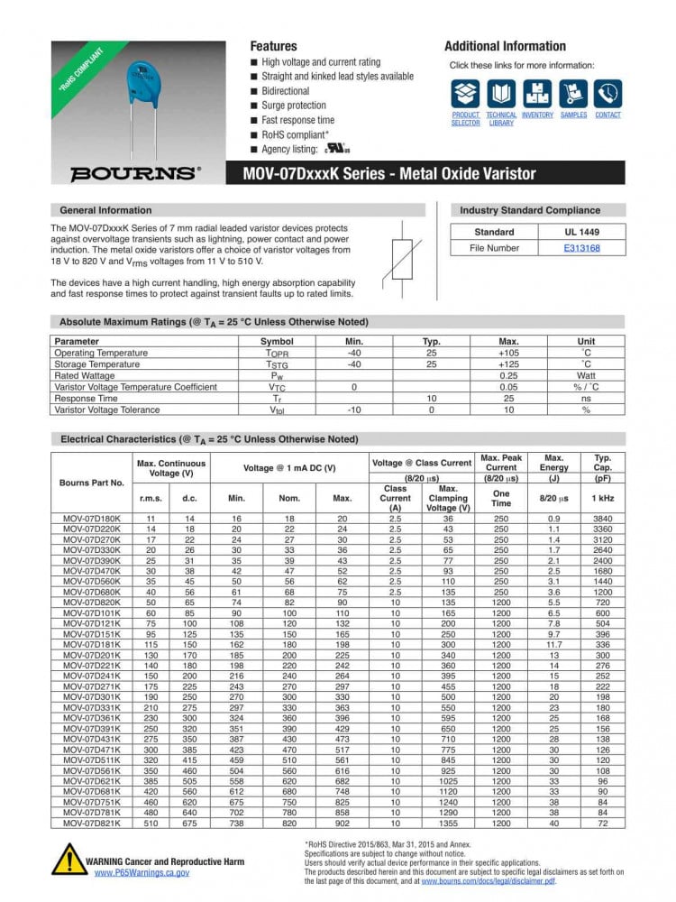 BOURNS MOV-07D361K datasheet page 1