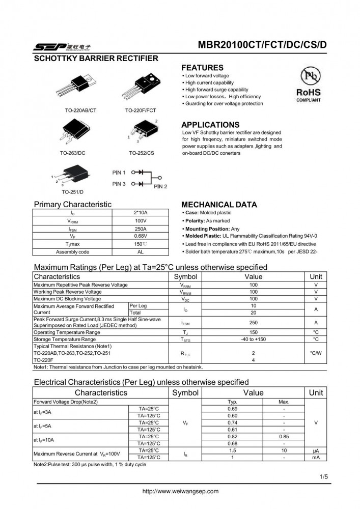 MBR20100FCT datasheet page 1