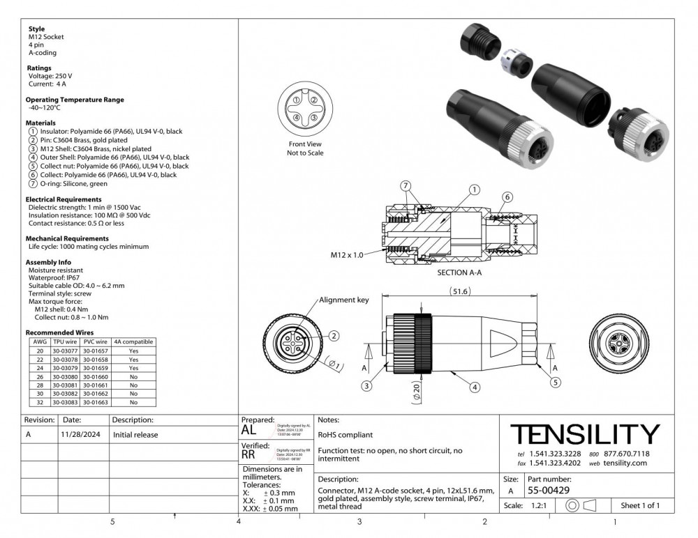 55-00429 M12 A-coded 4-pin socket product drawing preview