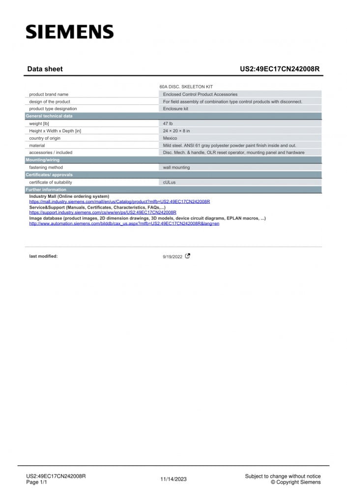 SIEMENS 49EC17CN242008R technical document page