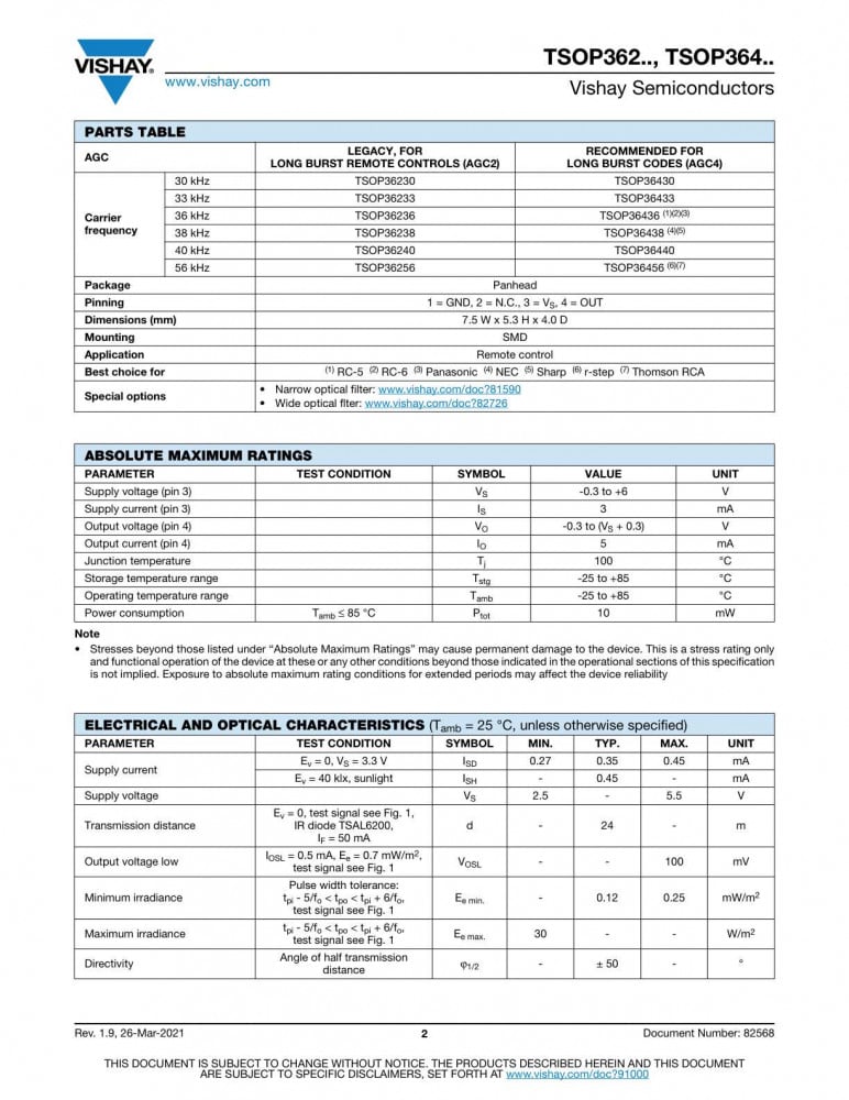 TSOP36238TT datasheet page 2