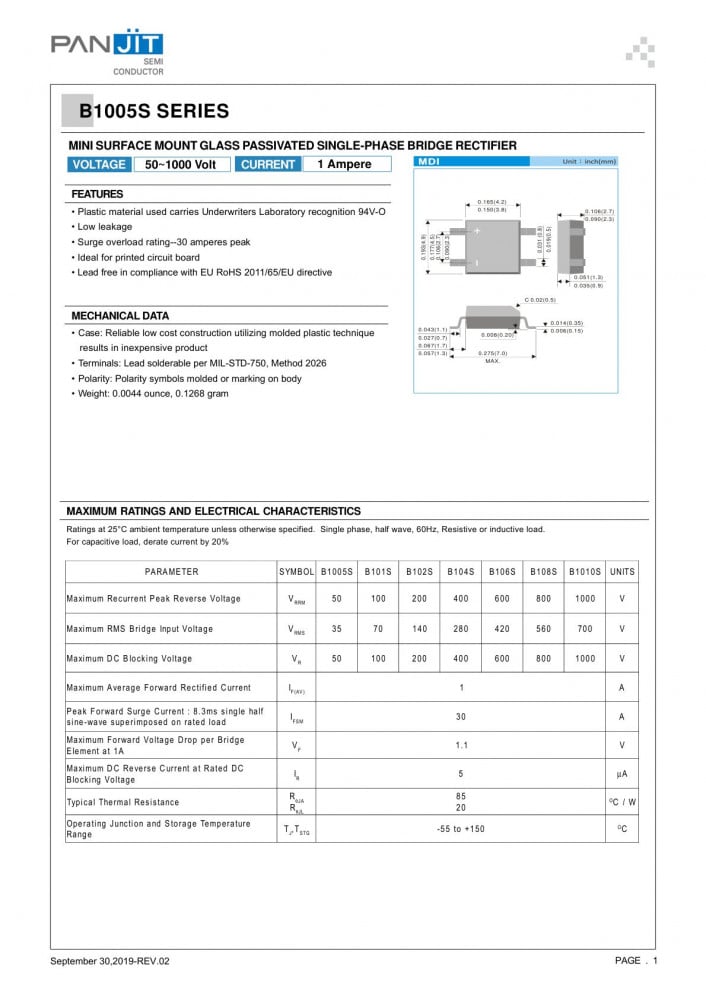 PANJIT B1005S series datasheet page 1