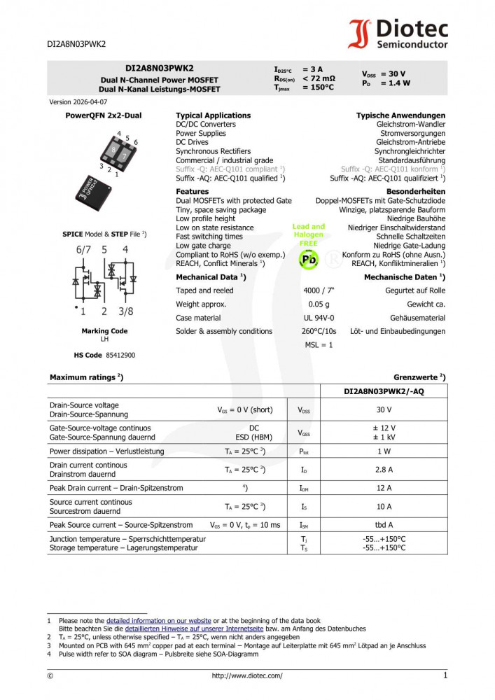 DI2A8N03PWK2 datasheet page 1