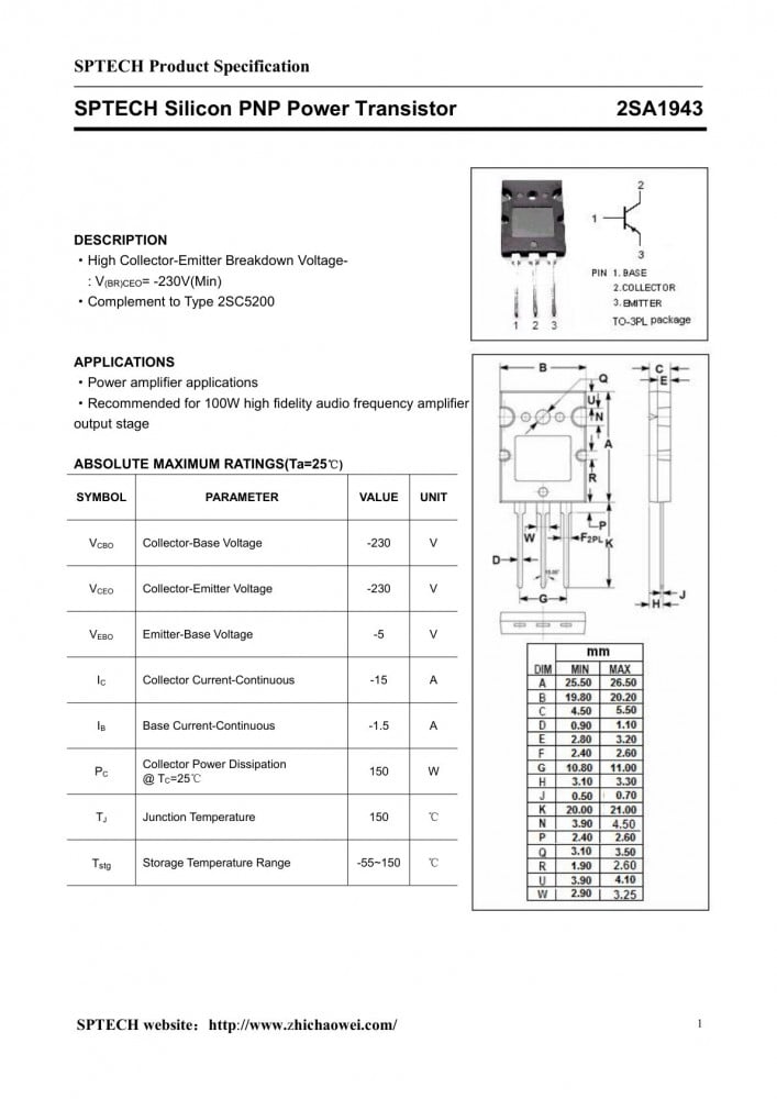 SPTECH 2SA1943 datasheet page 1