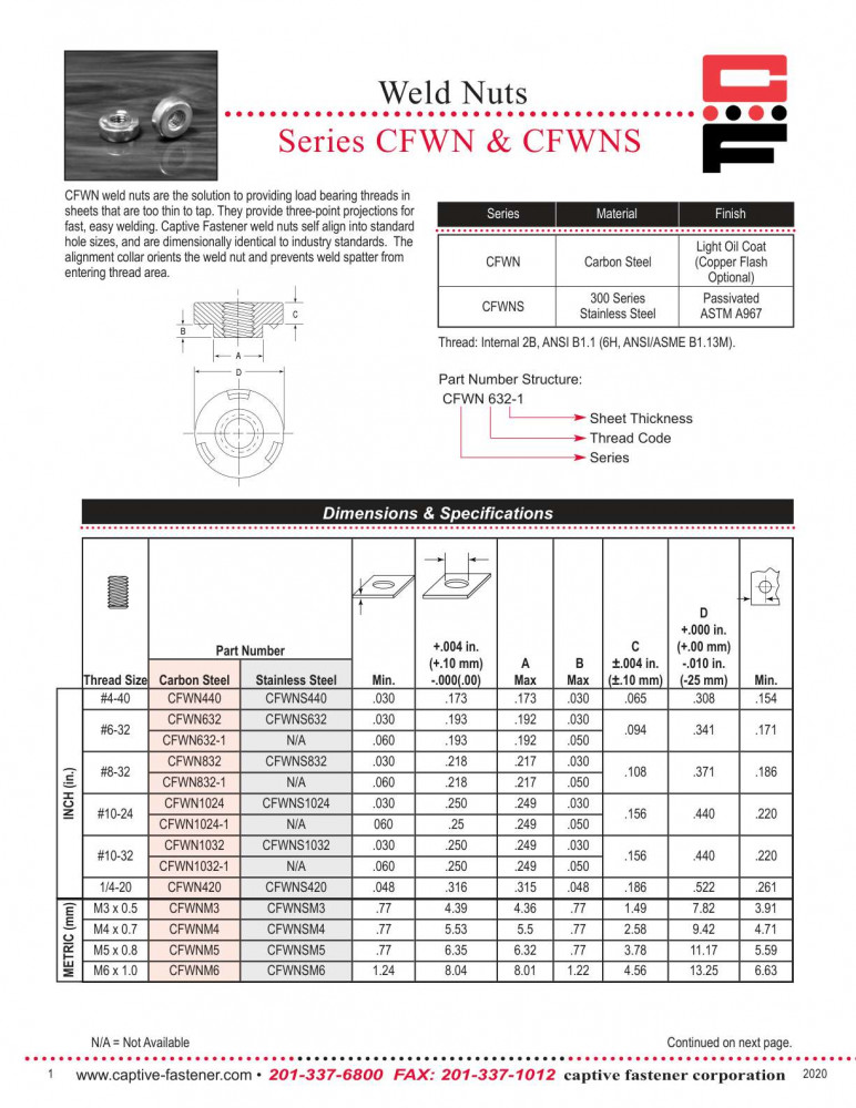 Captive Fastener CFWN and CFWNS weld nut documentation, page 1