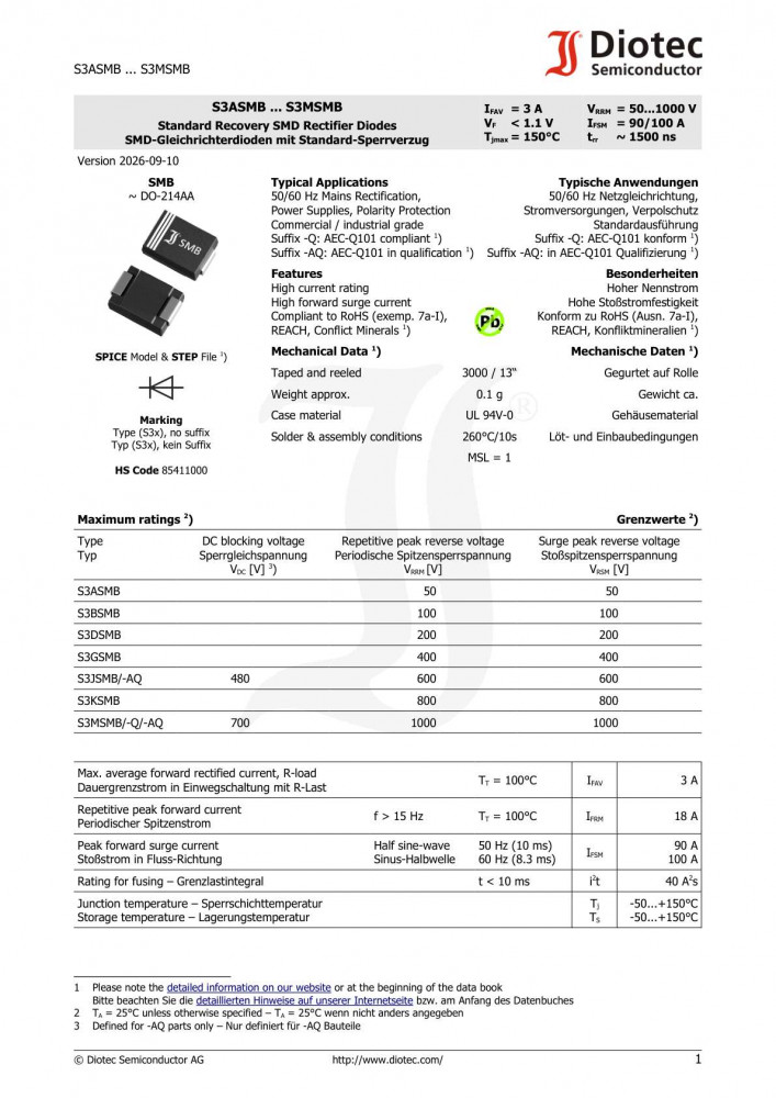DIOTEC S3JSMB datasheet page 1