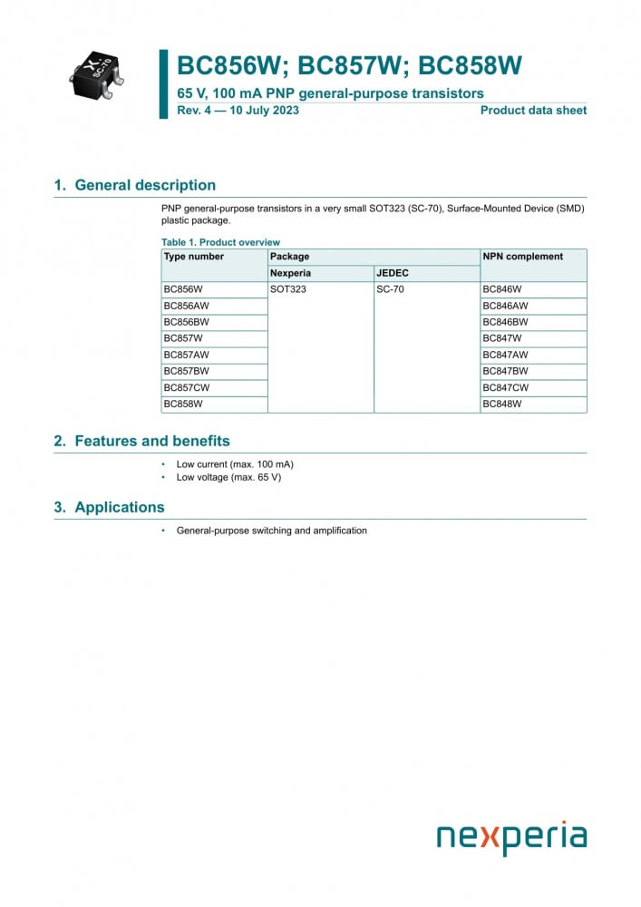 BC857BW datasheet page 1