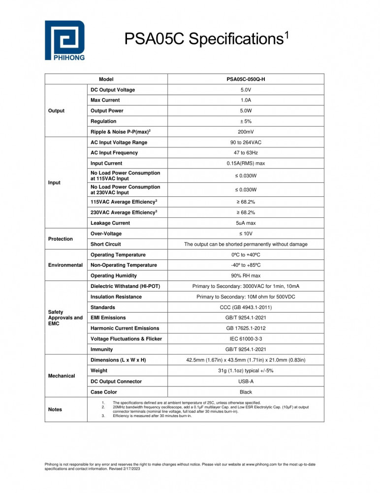 PSA05C-050Q product document, page 2
