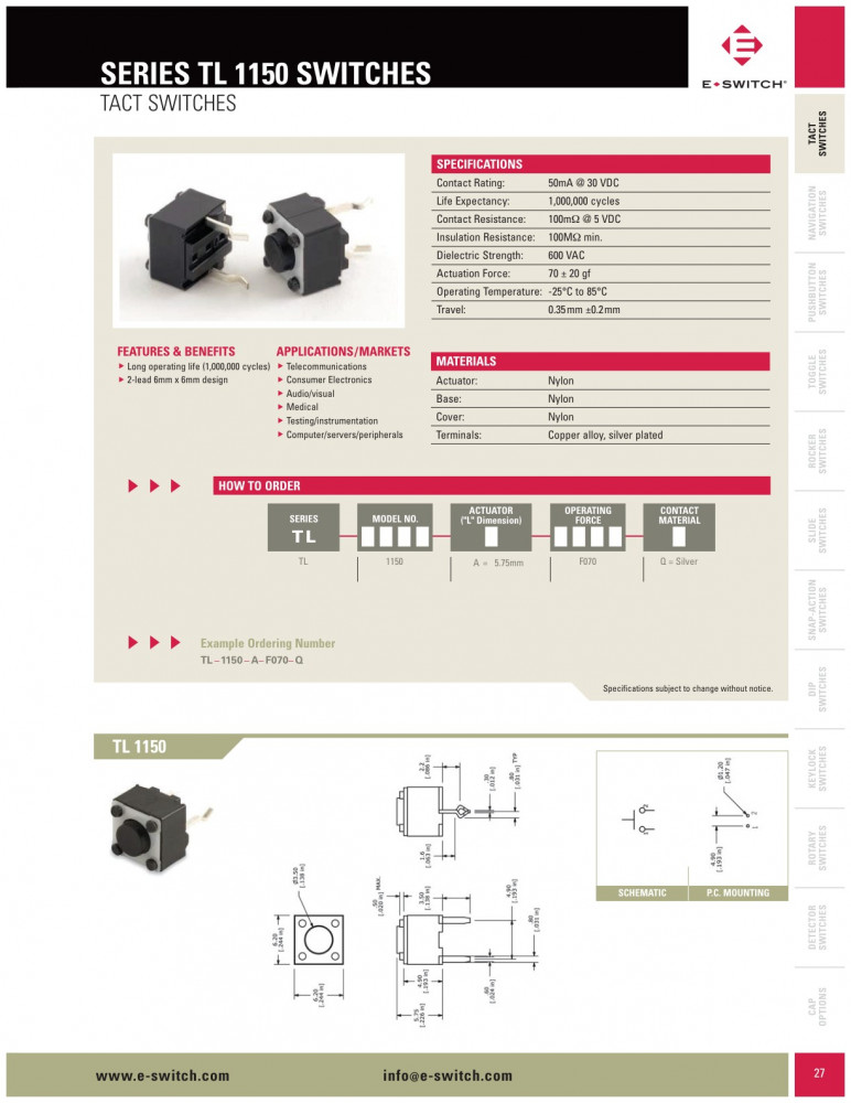 E-Switch TL1150 series product documentation page