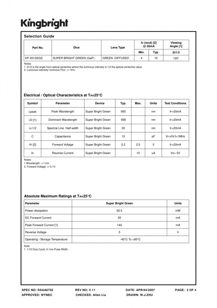 KP-2012SGD datasheet page 2