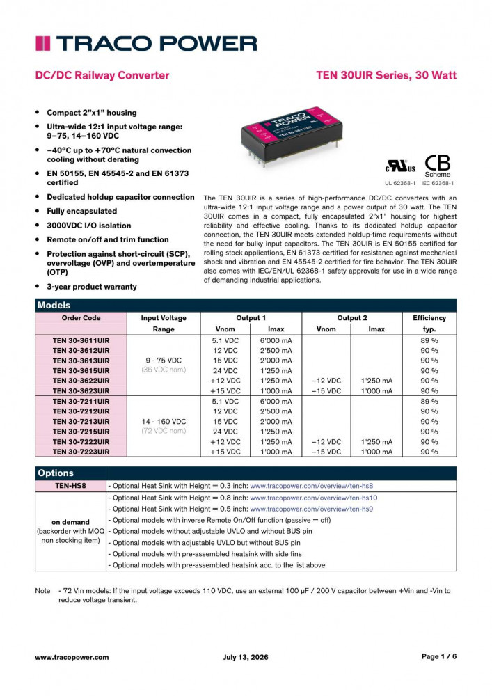 TEN 30UIR datasheet page 1