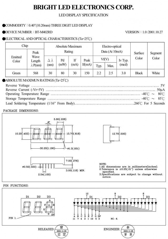 BT-M402RD specification document page 1