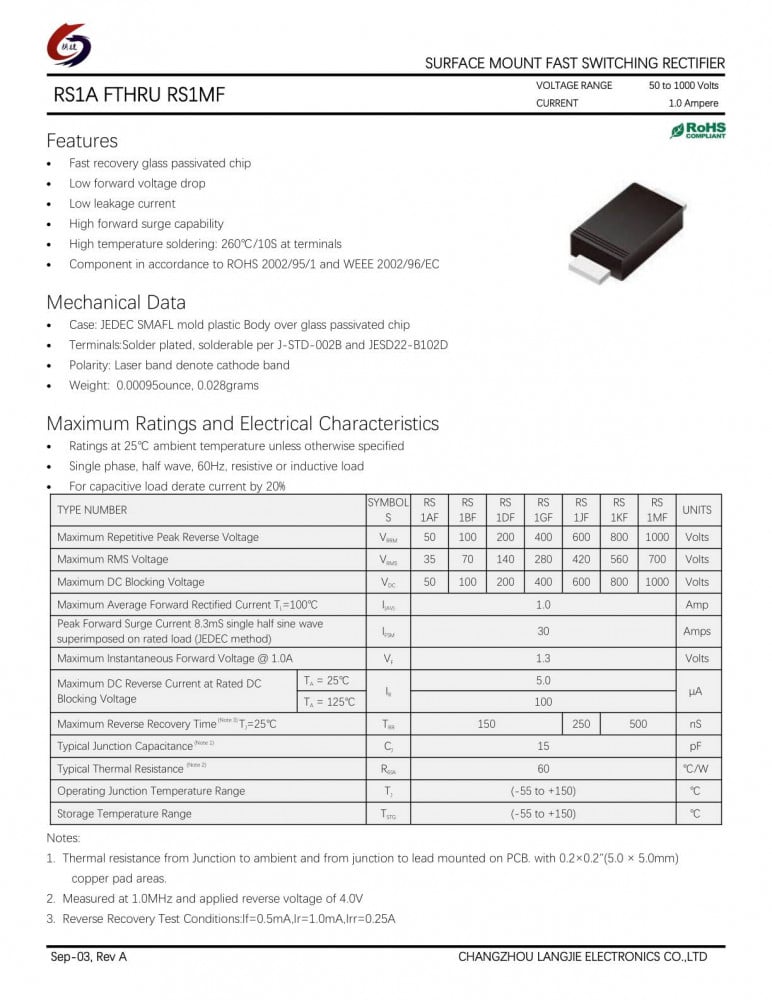 RS1MF datasheet page 1