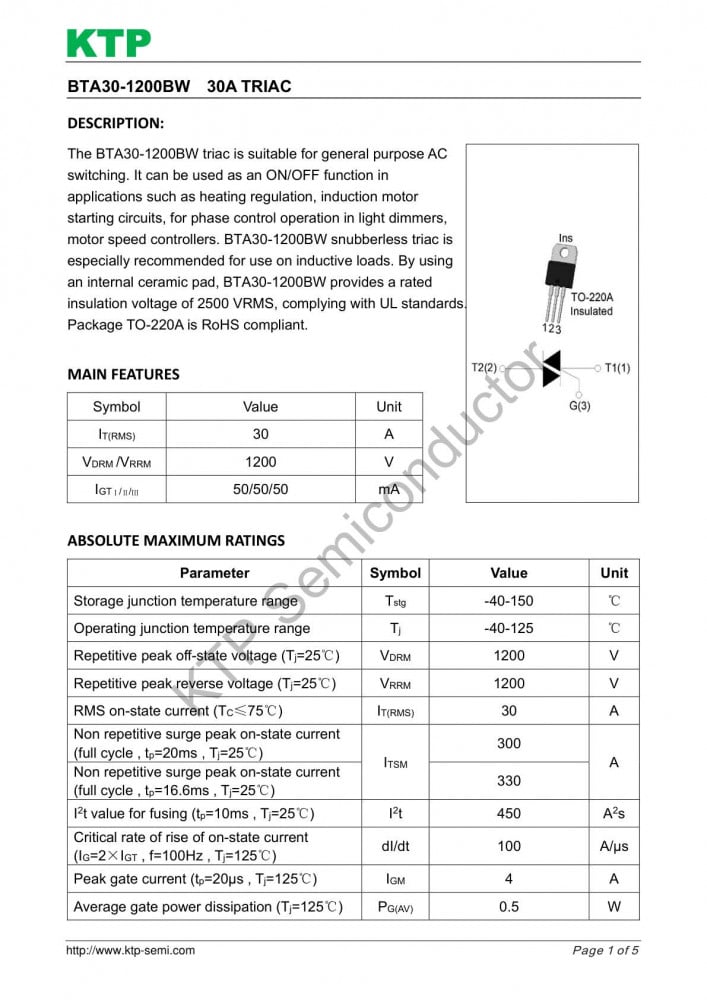 BTA30-1200BW datasheet page 1