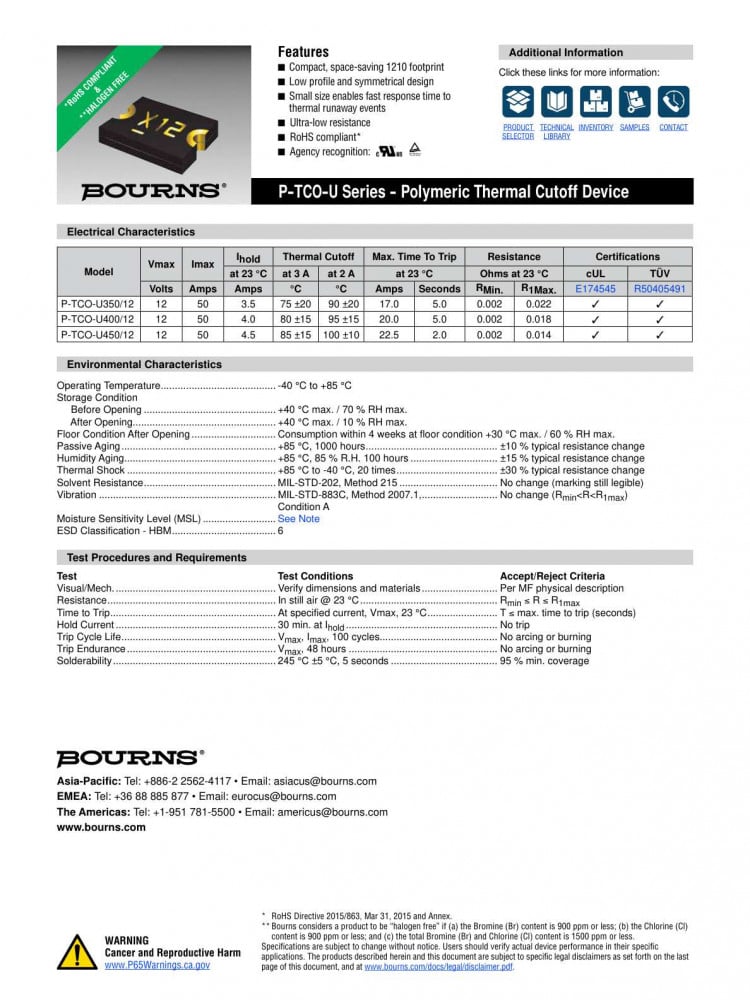 BOURNS P-TCO-U series datasheet page 1
