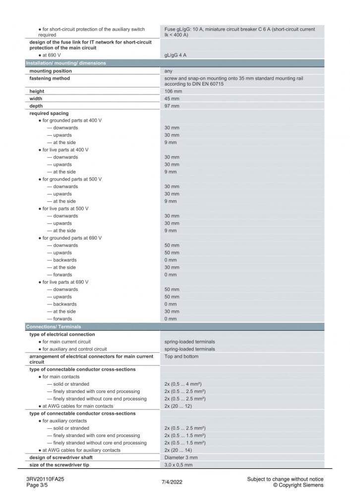 3RV20110FA25 datasheet page 3