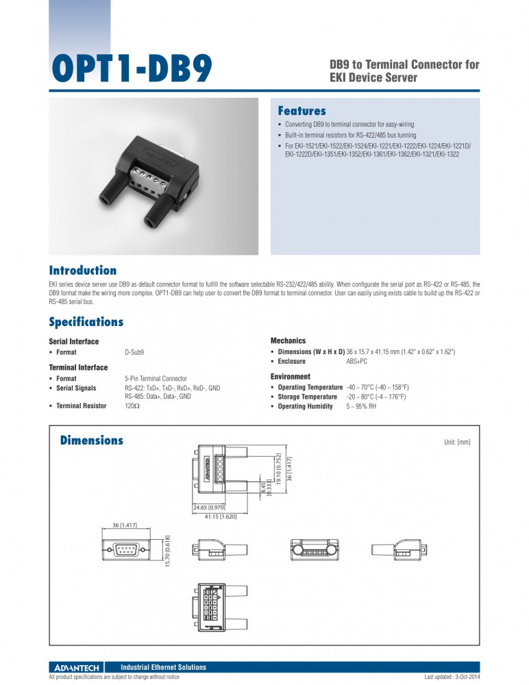 OPT1-DB9 product documentation page