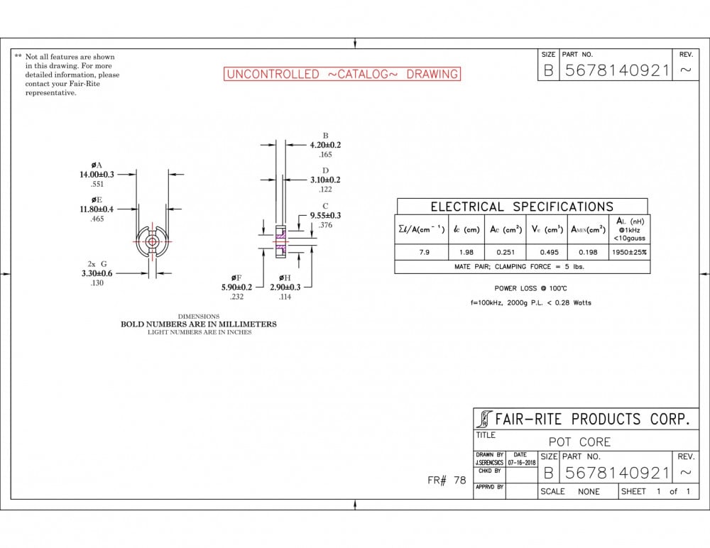 Fair-Rite 5678140921 product drawing preview