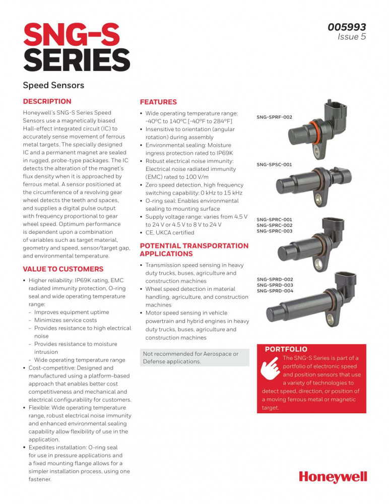 Honeywell SNG-S Series datasheet page 1