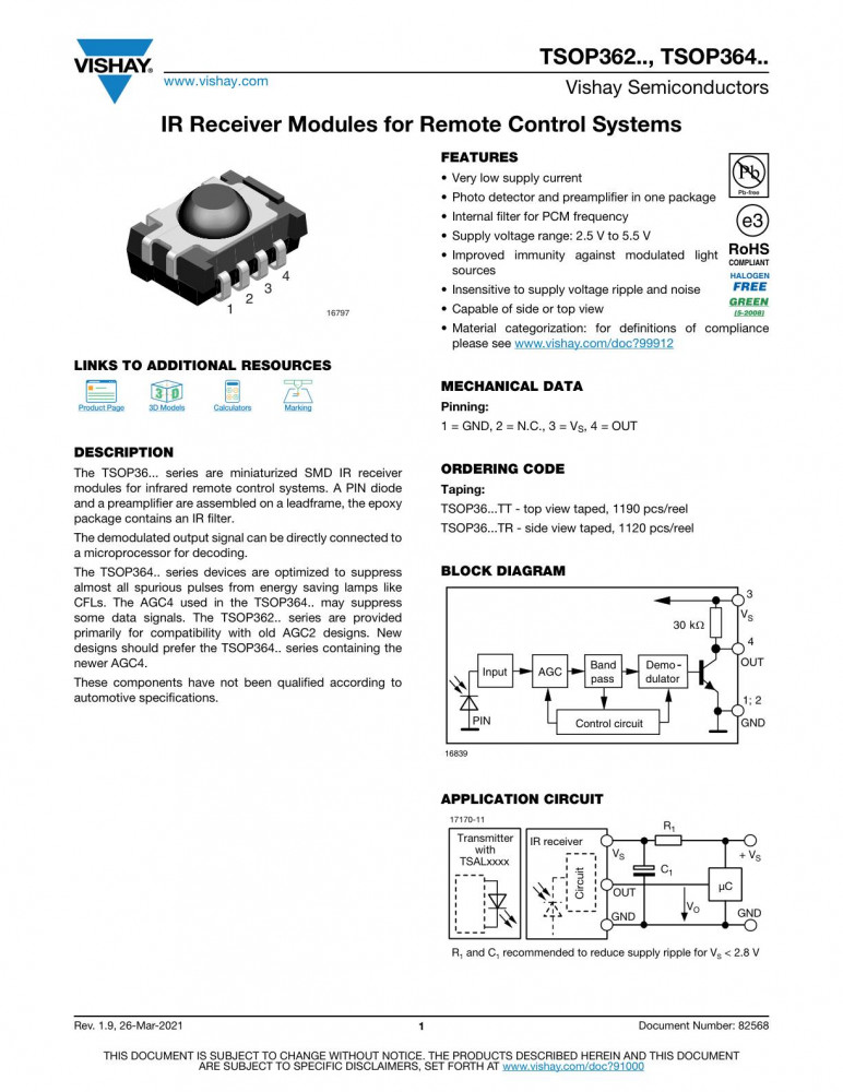 TSOP36436TT datasheet page 1