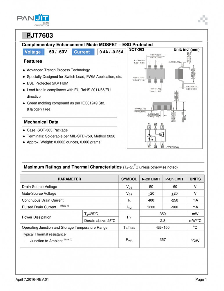 PJT7603 datasheet page 1