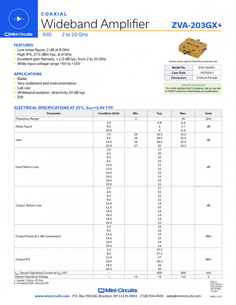 ZVA-203GX+ technical document page 1