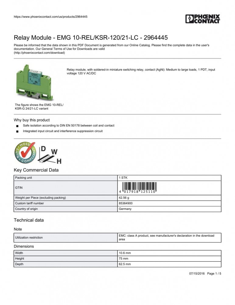 Phoenix Contact 2964445 technical document page 1