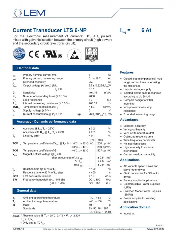 LEM LTS6-NP datasheet page 1