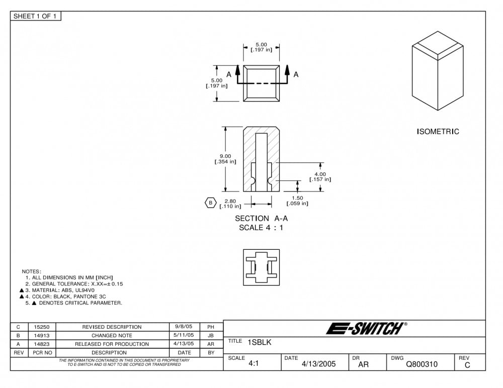 E-Switch 1SBLK engineering drawing