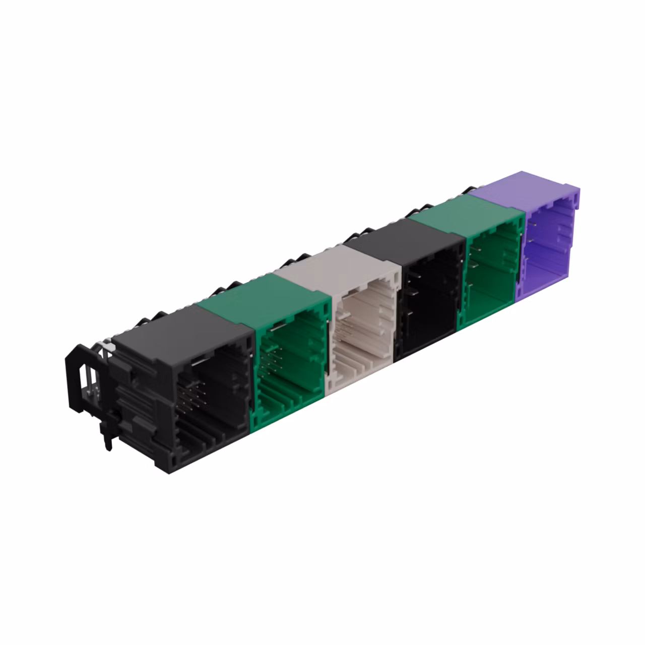 stAK50h 6 Bay Right-Angle Hybrid Header, 105 Circuits, Bay 1: 23 Circuits/Key 1/Dark Gray; Bay 2: 23 Circuits/Key 2/Green; Bay 3: 23 Circuits/Key 3/Gray; Bay 4: 12 Circuits/Key 1/Black; Bay 5: 12 Circuits/Key 2/Green; Bay 6: 12 Circuits/Key 3/Purple; Tube for sale