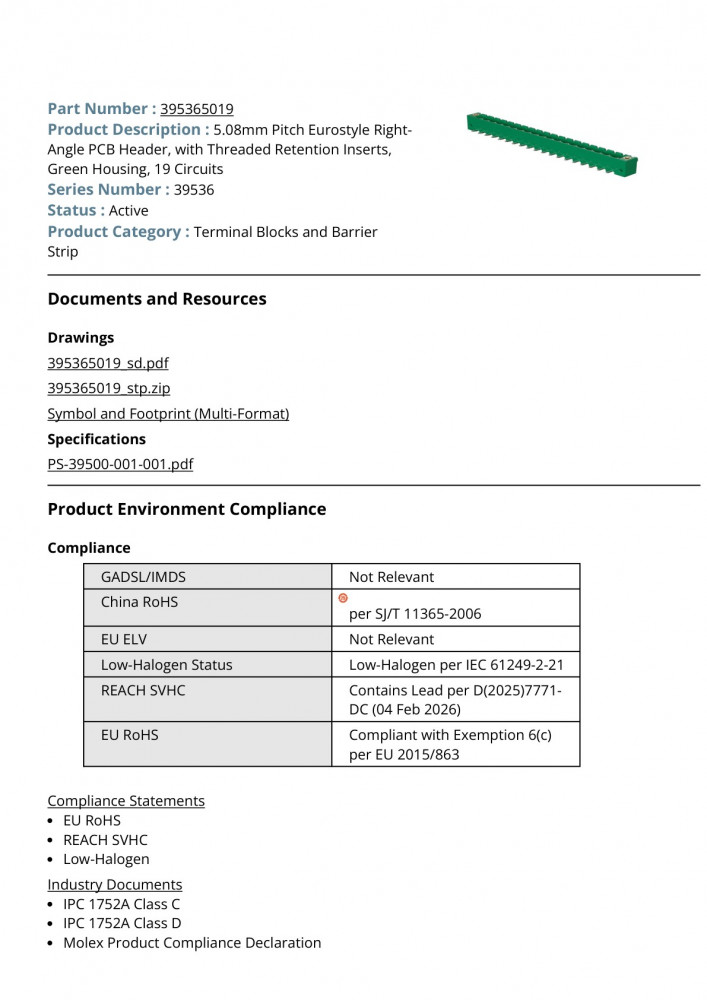Molex ESE terminal block product specification page 1