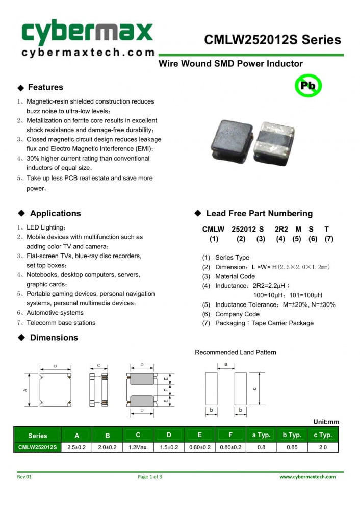 Cybermax CMLW252012 series technical document page 1