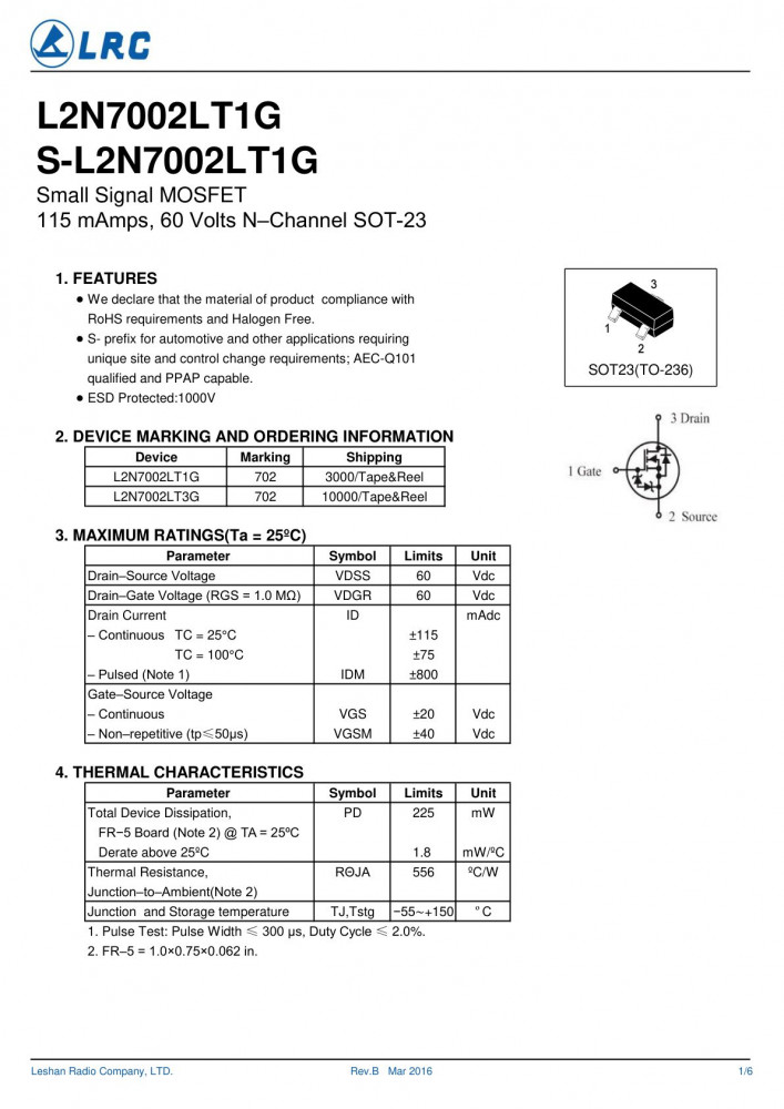 L2N7002LT1G datasheet page 1 preview