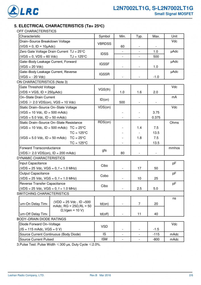 L2N7002LT1G datasheet page 2 preview