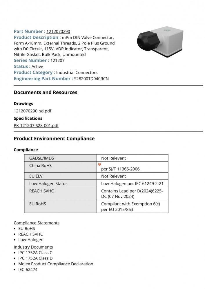 Molex S28 DIN valve connector packaging specification page preview 1
