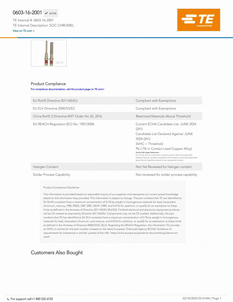 TE Connectivity product document page 1