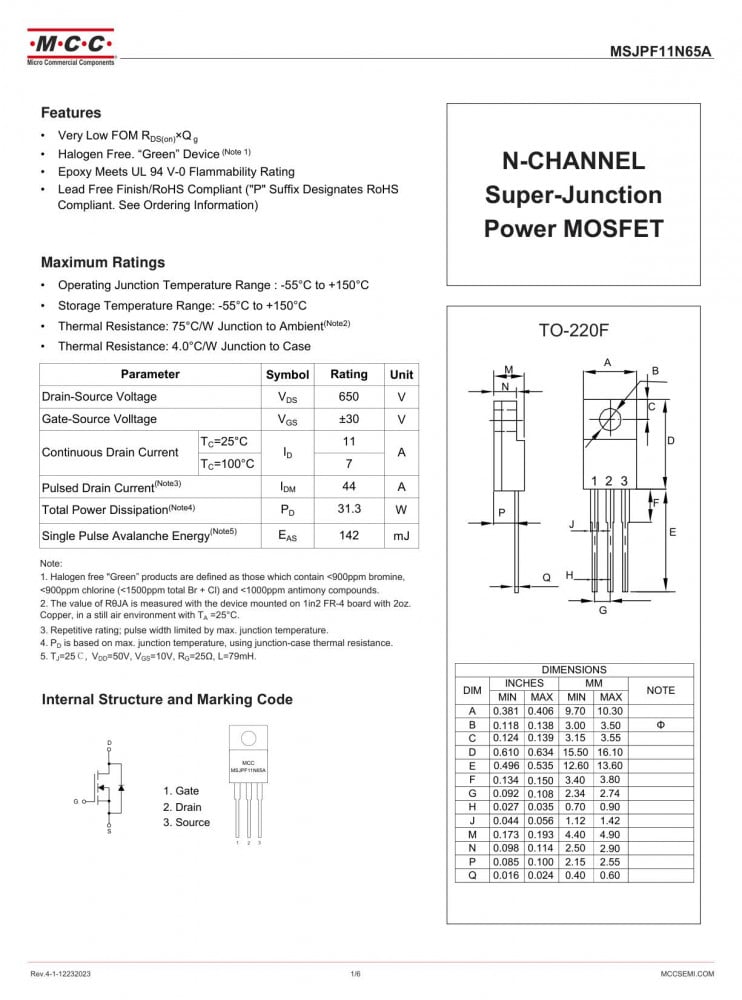 MSJPF11N65A-BP datasheet page 1