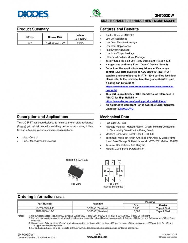 2N7002DW-7-F datasheet page 1