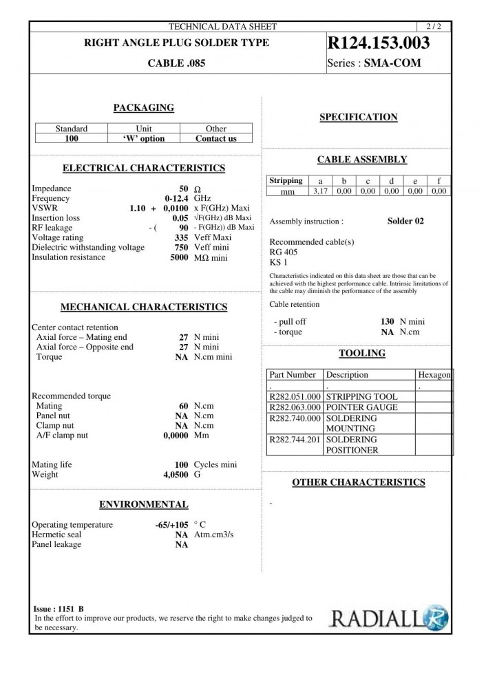 Radiall R124153003 product specifications, page 2